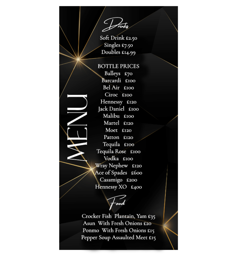 Modern Black Menu Card – Parties And Signs